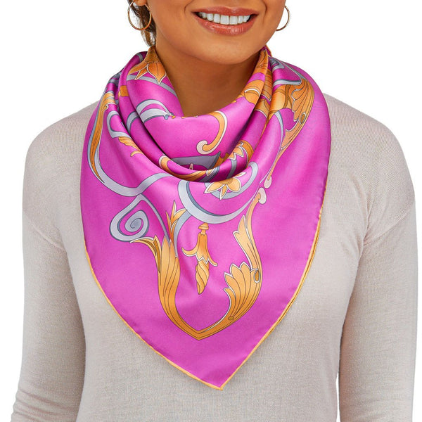 Women's Square Silk Scarf Floral Design Magenta | Isola del Giglio